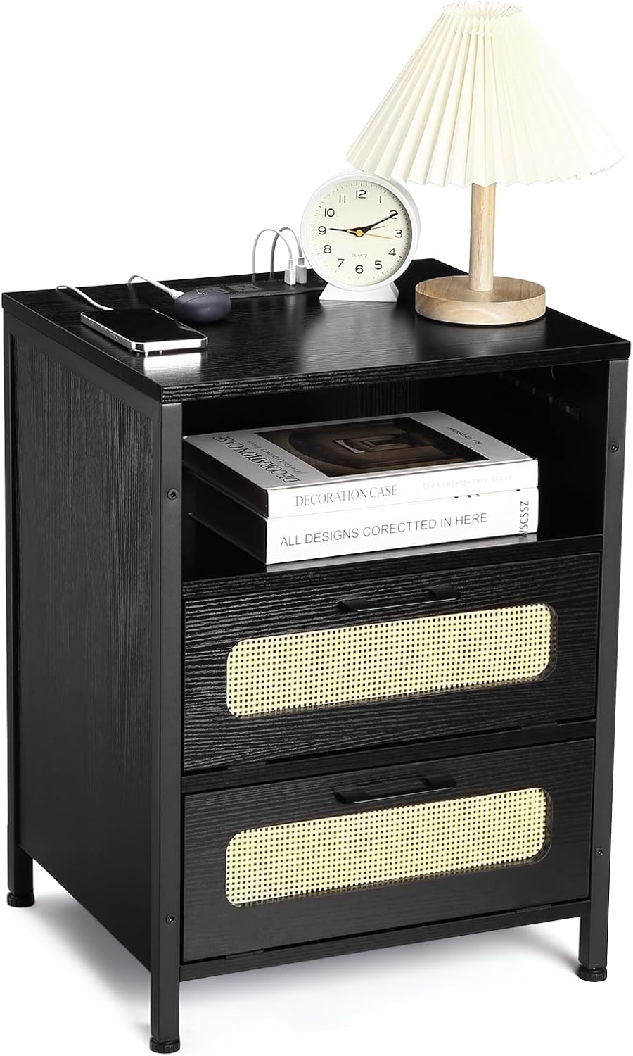 Modern End Table Featuring LED Lighting, 2 Rattan Decor Drawers, USB ...