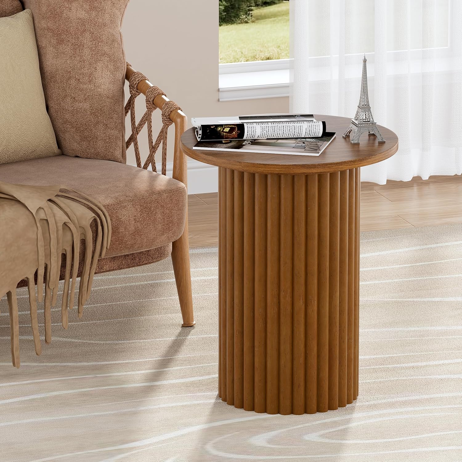 PAKASEPT Round Fluted Side Table, 15 inch Wide Wood Pedestal Side Table ...