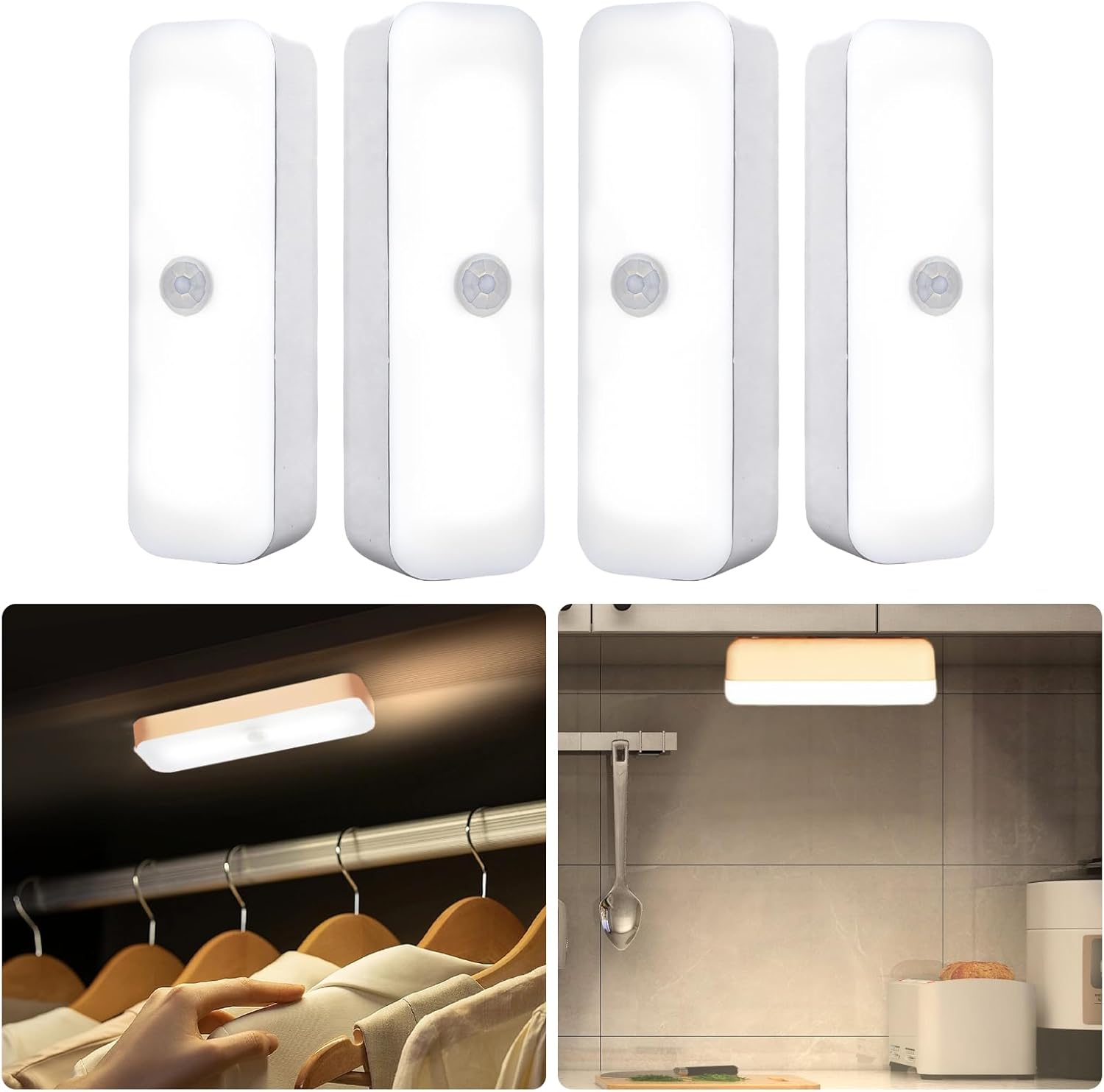 4 packs Motion sensor cabinet light, Rechargeable battery powered ...