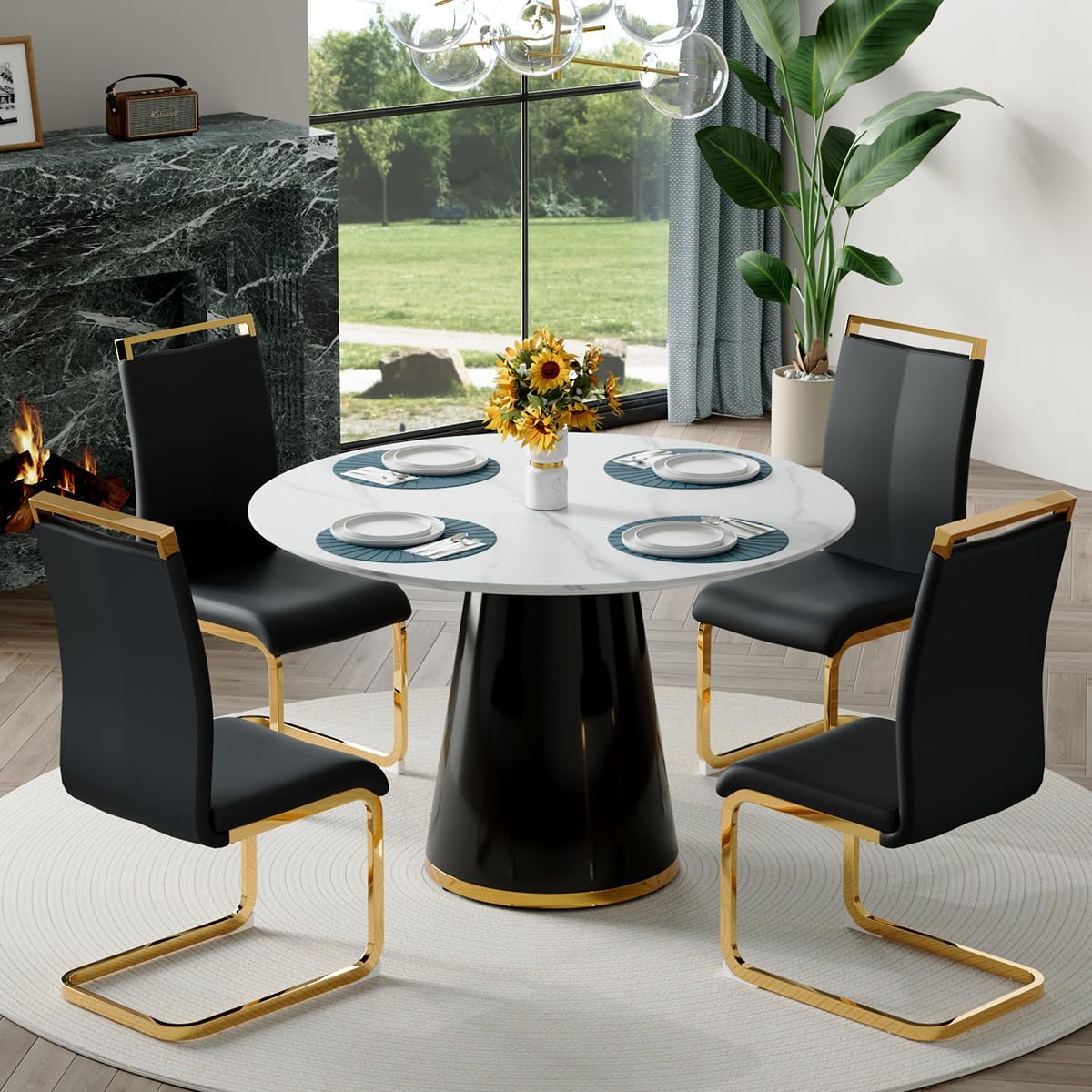 White Round Dining Table Set for 4, Modern Round Table Small 45 ...